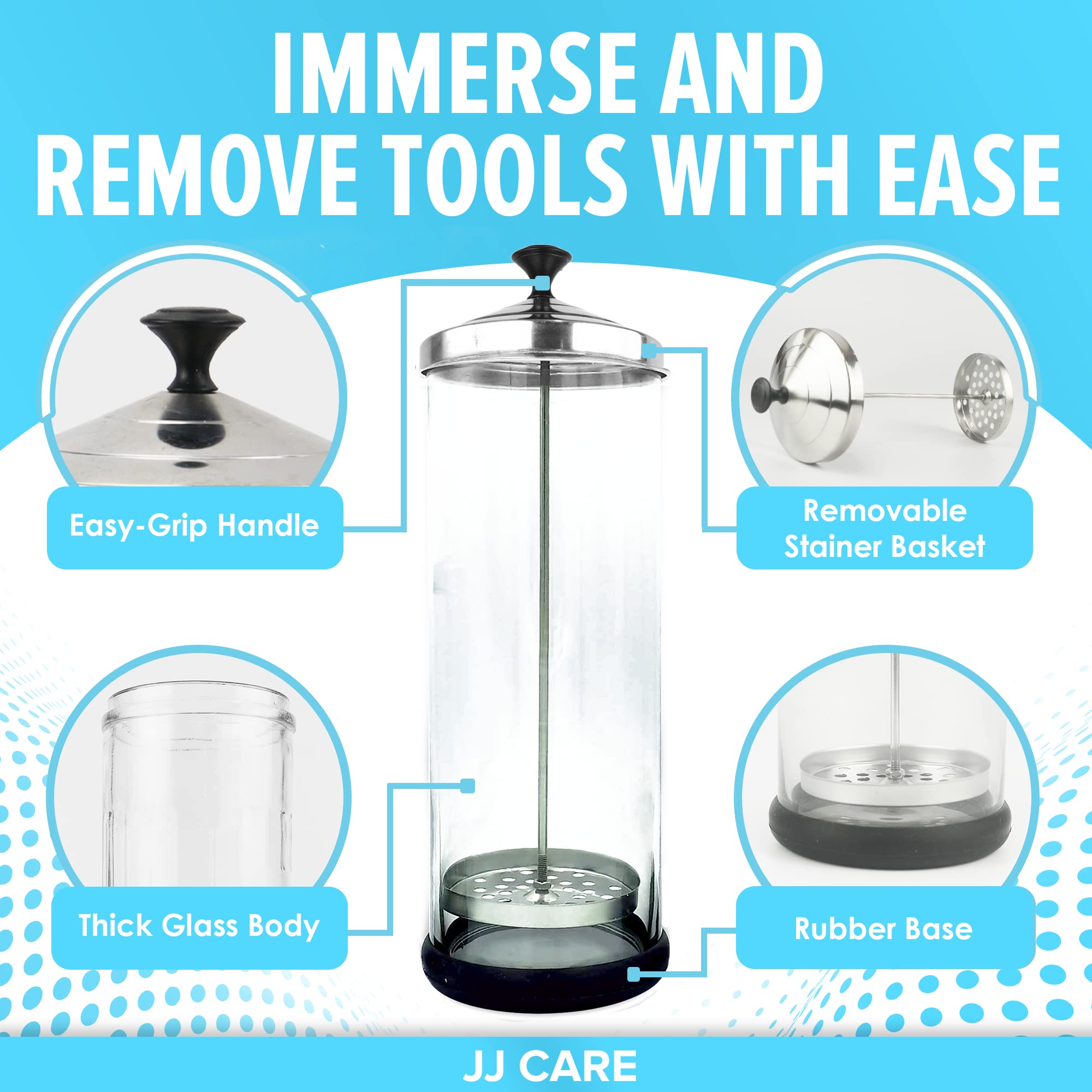 JJ CARE Disinfectant Jar (35 oz) - Barber Jar Glass, Sanitizer Disinfectant Glass Jar, Barber Disinfectant Jar Implement Disinfectant Container w/Stainless Steel Removable Strainer & Cap - Black Lid