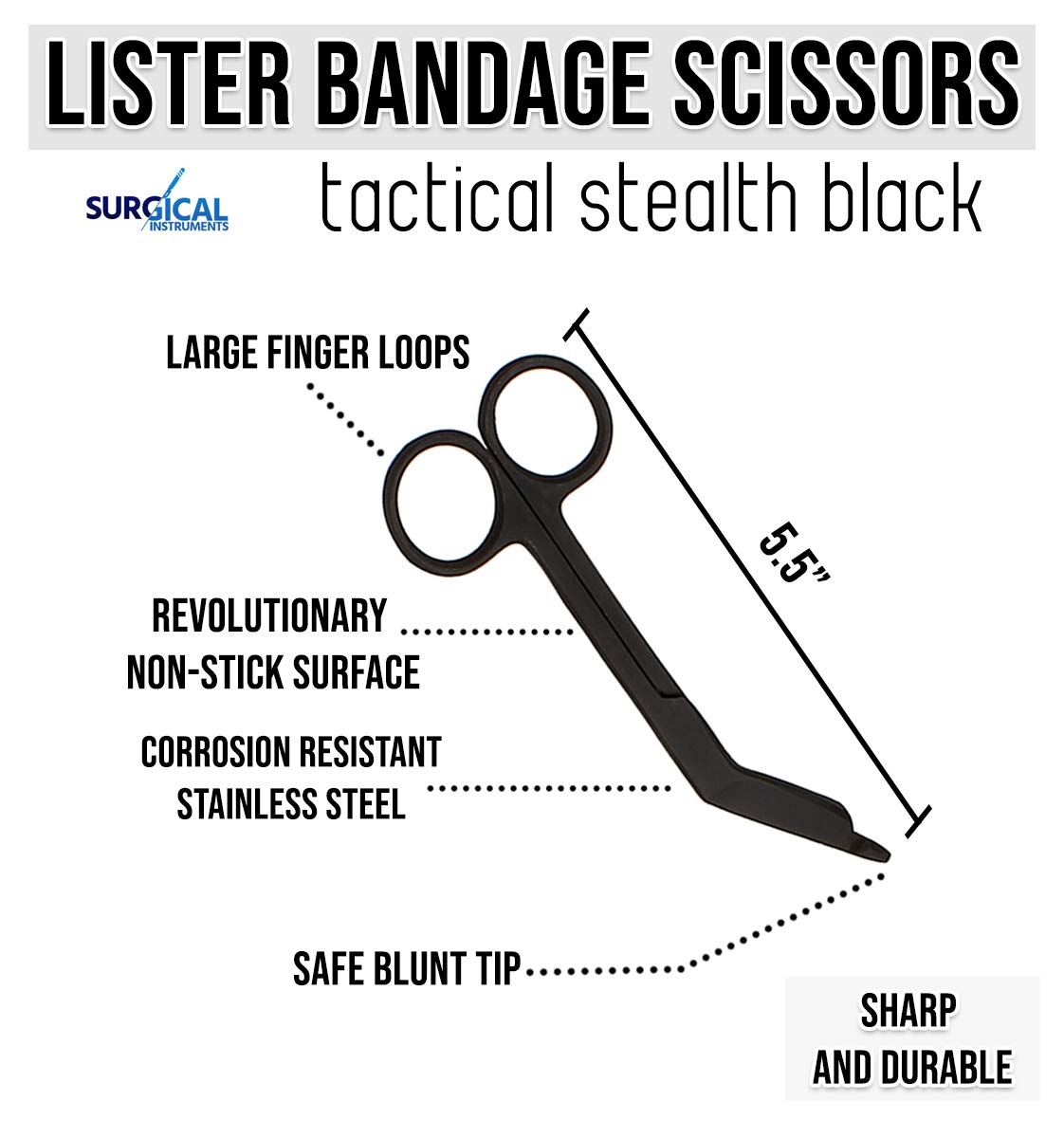 SURGICAL ONLINE Tactical Black - Set of 4 pcs Reflex Taylor Hammer Mallet Tuning Fork c 128 512 Hz Bandage Scissors 5.5"