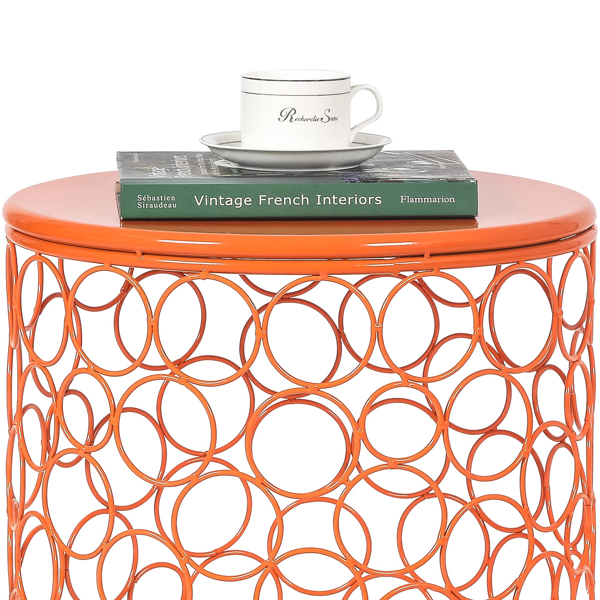 Adeco Home Garden Accents Circle Wired Round Iron Metal Nesting Stool Side End Table Plant Stand, Bubble Pattern, Orange Red, Set of Two