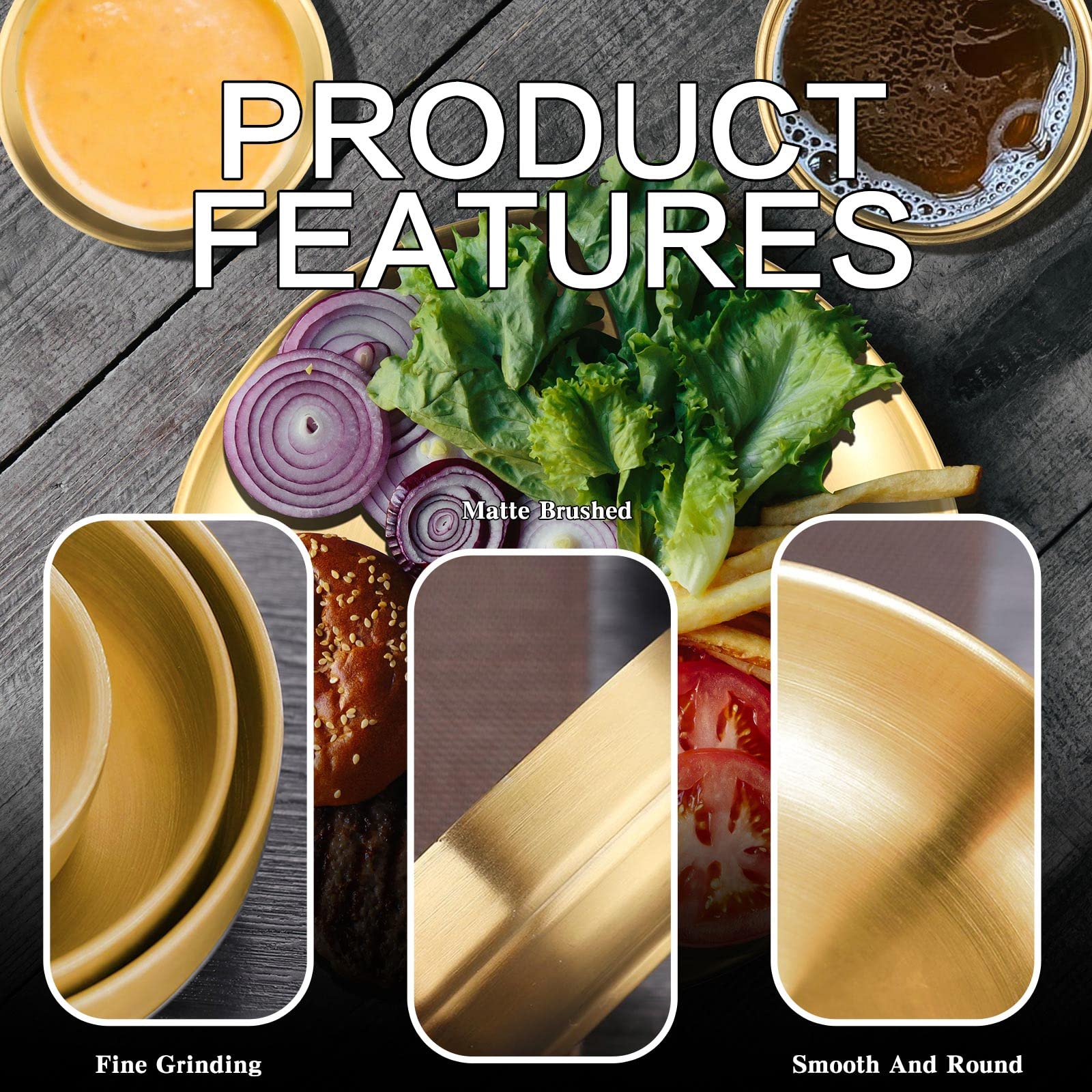 8 Pcs Stainless Steel Dinnerware Sets, Gold Dish Set, 6.6‘’Thickened Dinner Plates, 16.9 OZ Soup Bowls, 3.5 OZ Sauce Dish & Metal Cups, Stackable Dishware for Kitchen BBQ Party Picnic