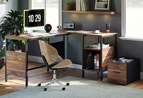 CubiCubi L Shaped Desk with Shelves, 59.1 Inch Corner Computer Desk, Home Office Gaming Writing Workstation with Large Non-Woven Drawer, Deep Brown