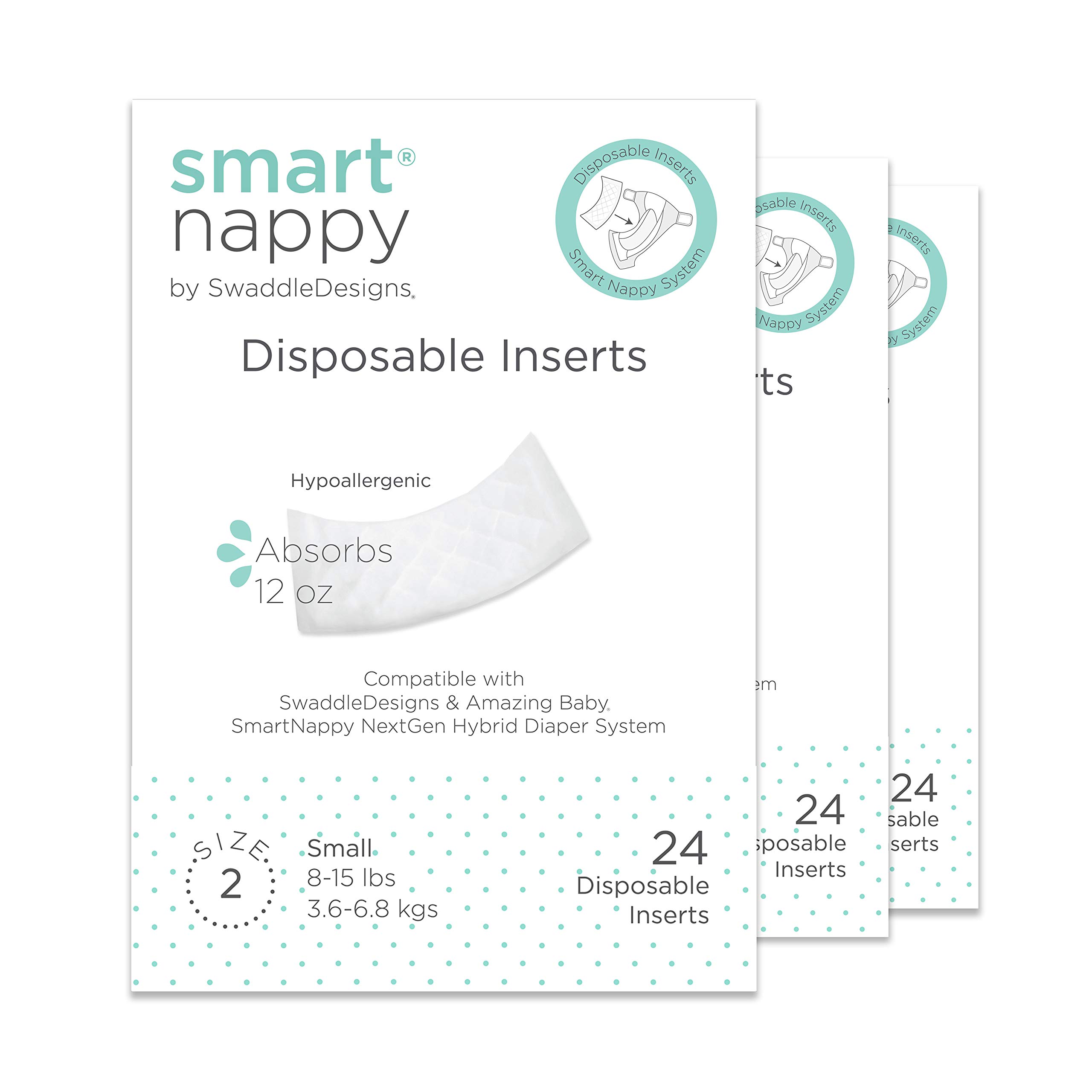 SmartNappy Disposable Inserts for by Amazing Baby Hybrid Diaper Cover, Extra Absorbent, No Plastic Liner, Size 2, 8-15 lbs, 72 Count
