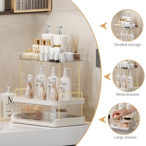 STORICANS 2-Tier 1-Drawer Bathroom Counter Organizer, Multi-Purpose Makeup Organizer Countertop, Large Skincare Organizers, Exquisite Vanity Organizer |12.5 Inch Clear