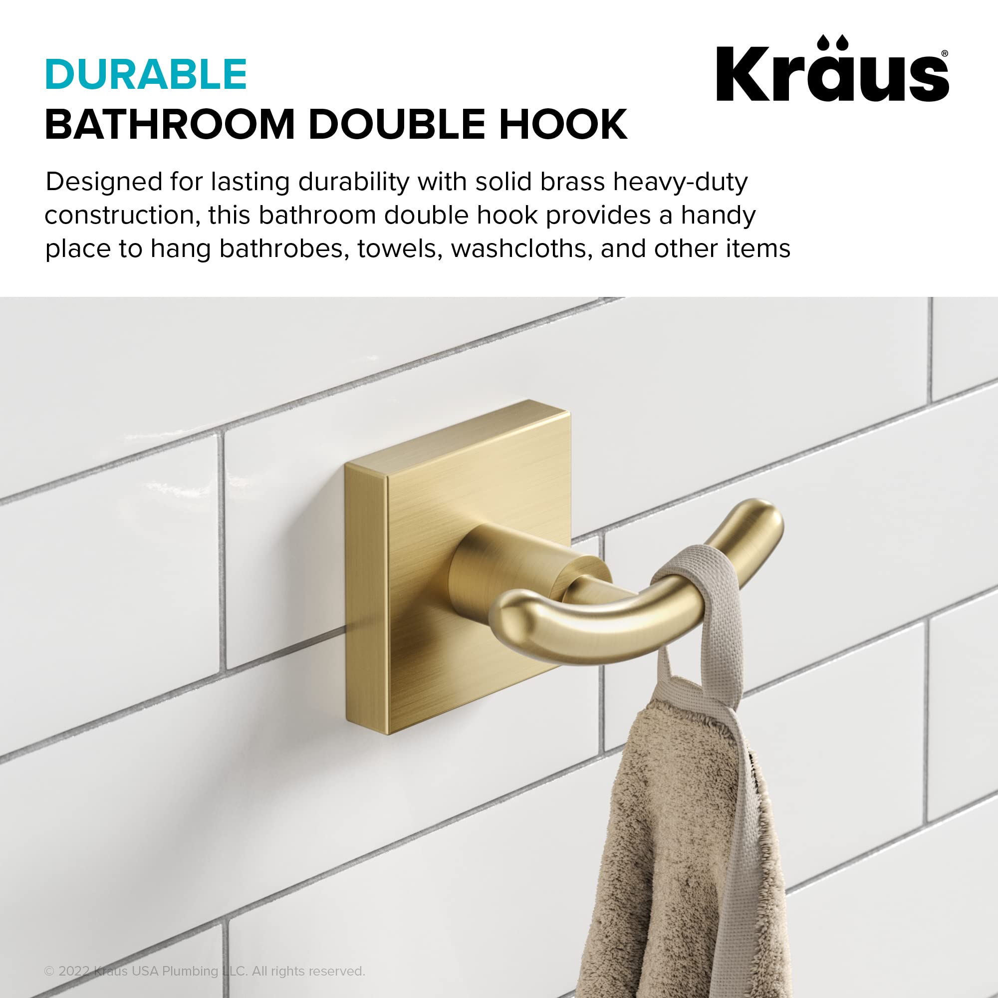 KRAUS Ventus Bathroom Robe and Towel Double Hook, Brushed Gold Finish, KEA-17702BG