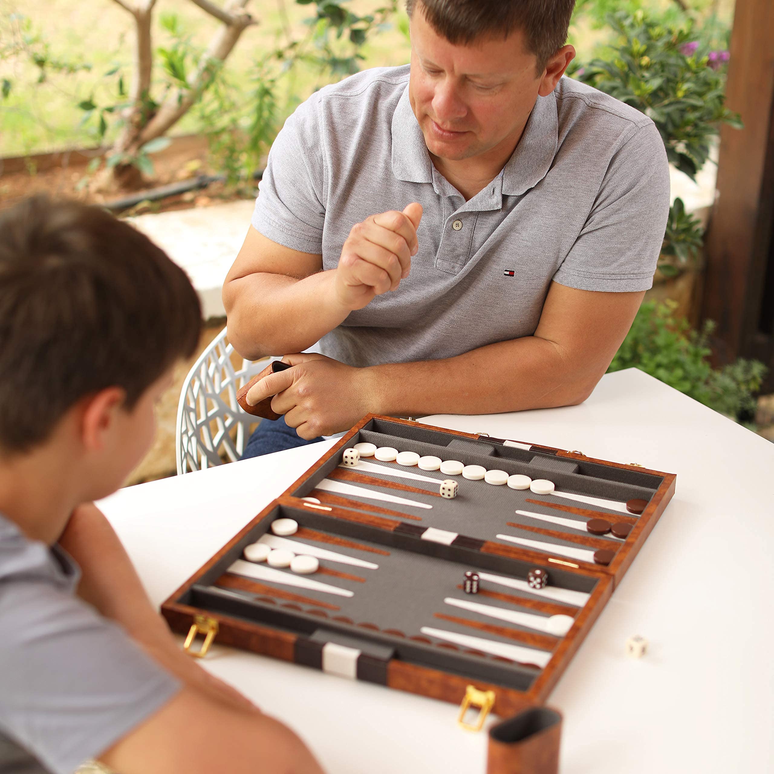 Backgammon Set - 15 Inch Classic Backgammon Board Game Sets Handheld - Backgammon Sets for Adults and Kids - Brown Faux Leather Case - Instruction