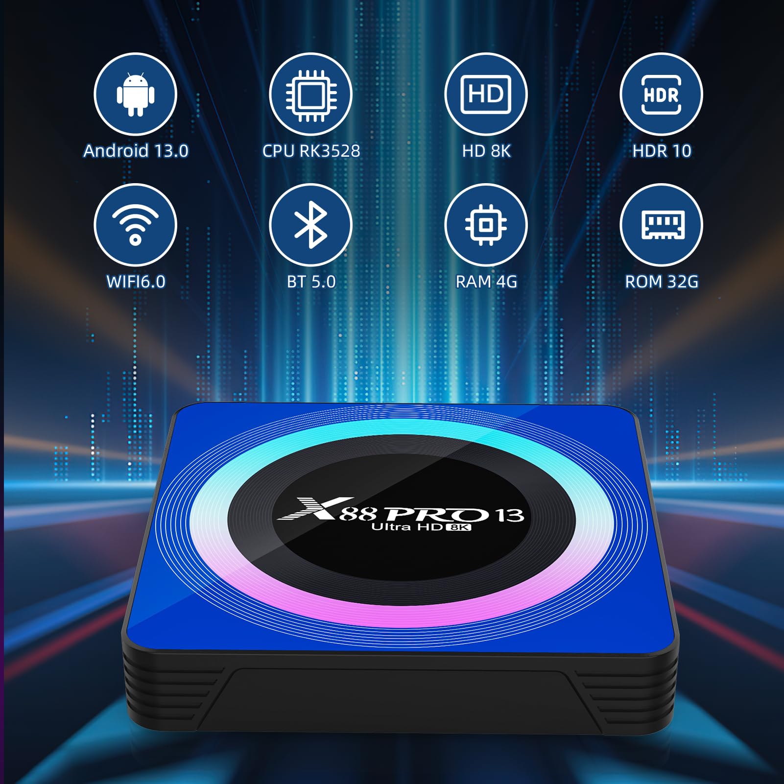 Android 13.0 TV Box,X88 Pro 13 Android Box 4GB RAM 32GB ROM RK3528 Quad-Core ARM Corter-A53 CPU Mali G31 MP2 GP,Supporting Bluetooth 5.0 USB 3.0 LAN 2.4GHz/ 5GHz WiFi 6 Android TV Box 2023