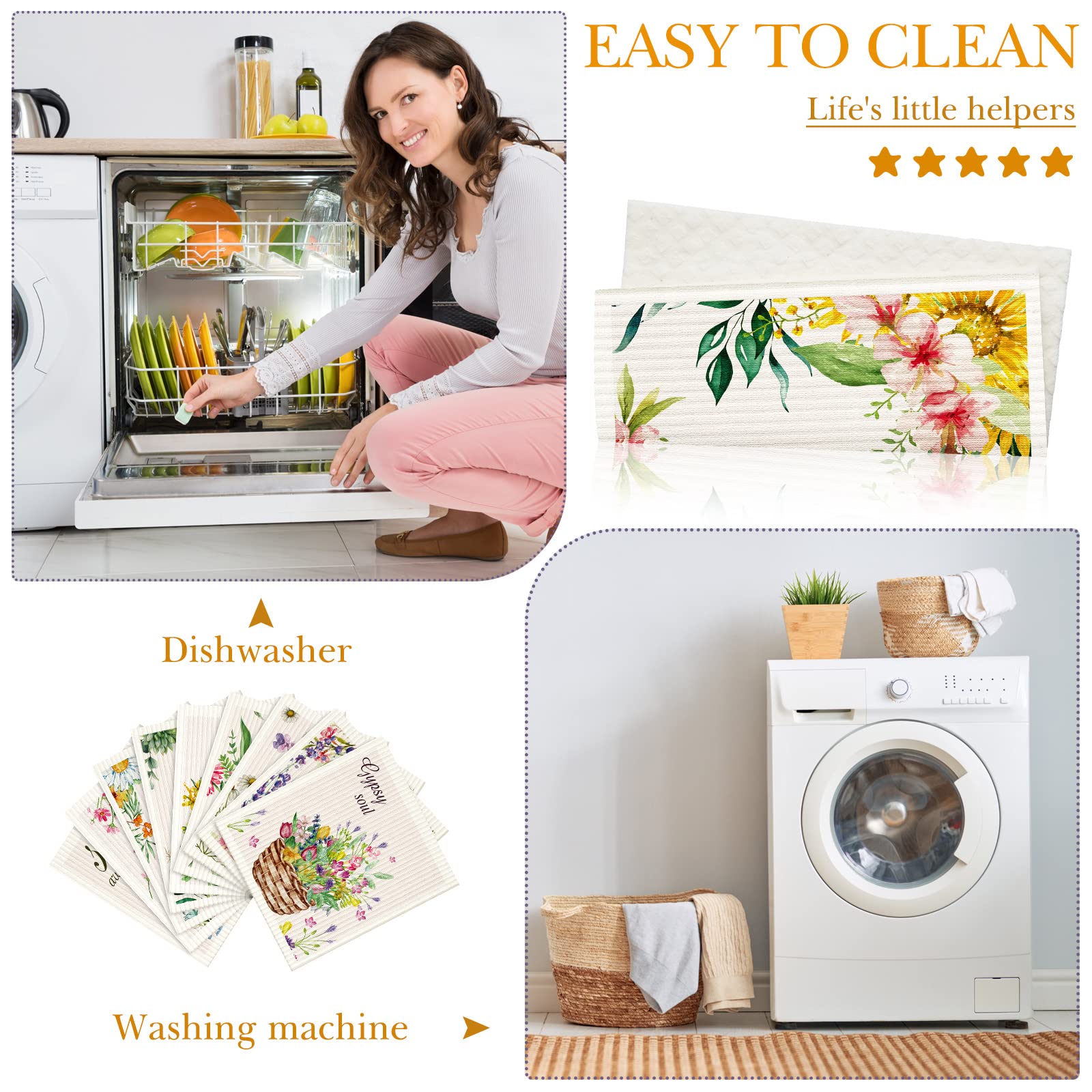 8 Pcs Swedish Kitchen Dishcloths Soft Swedish Kitchen Cloths for Kitchen Reusable Dish Towels Absorbent and Fast Dry Kitchen Washcloths for Dishes Reusable Washcloths Washable Cleaning Wipes (Flower)