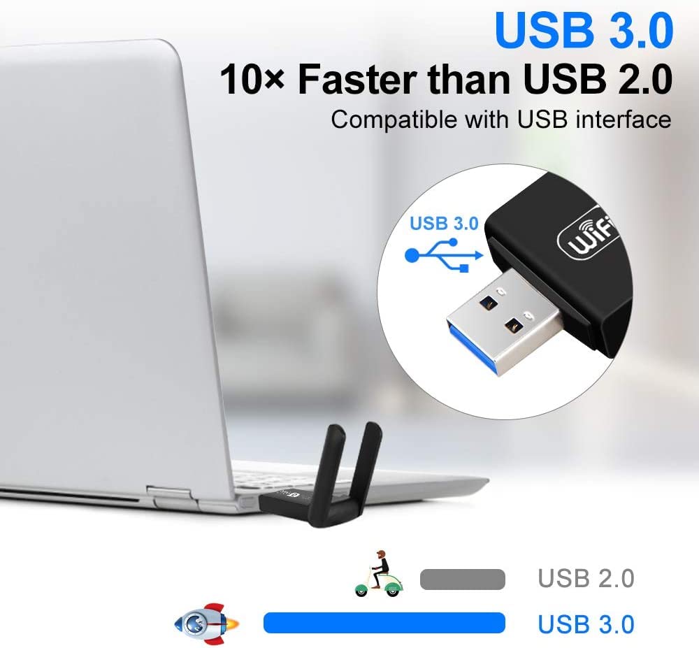 WiFi Adapter, 1200Mbps Dual Band 5G/2.4G Wireless Network Adapter, USB 3.0 MU-MIMO WiFi Dongle with High Gain Antennas for Desktop PC, Supports Windows/Mac OS X