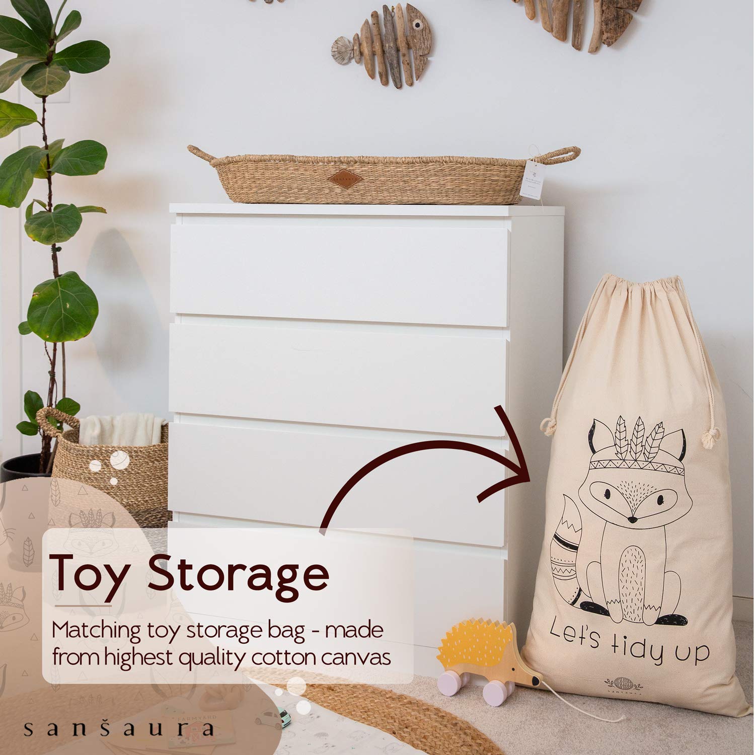 Sansaura Nursery Set - Seagrass Baby Changing Basket, Diaper Basket, with Thick Waterproof Pad & 100% Cotton Fitted Sheet, Toy Storage Bag, Woodland Designs, Shower Gift for Newborns, Boho nursery