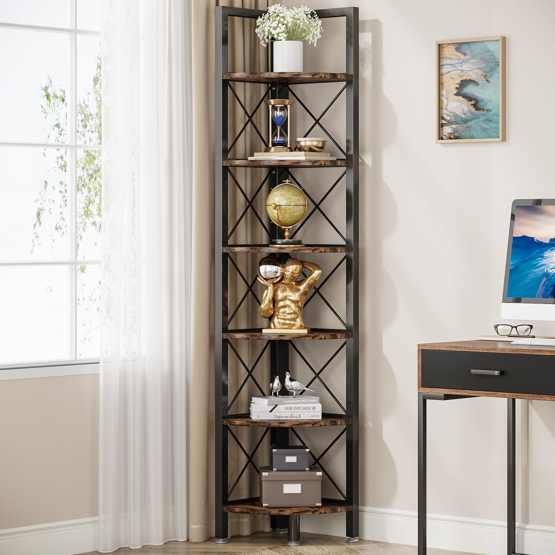 Tribesigns 6 Tier Corner Shelf, Modern Corner Bookshelf Small Bookcase Corner Storage Rack Plant Stand for Living Room, Home Office, Kitchen, Small Space