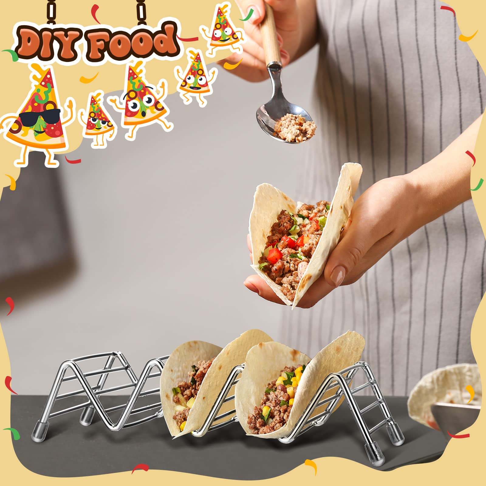 8 Pcs Taco Holders Set Stainless Steel Taco Holder Stand Shell Taco Stand Stackable Taco Plates for Taco Bar Gifts Accessories Rack, Holds 3 or 4 Hard Tacos for Baking as Truck Tray, Dishwasher Safe