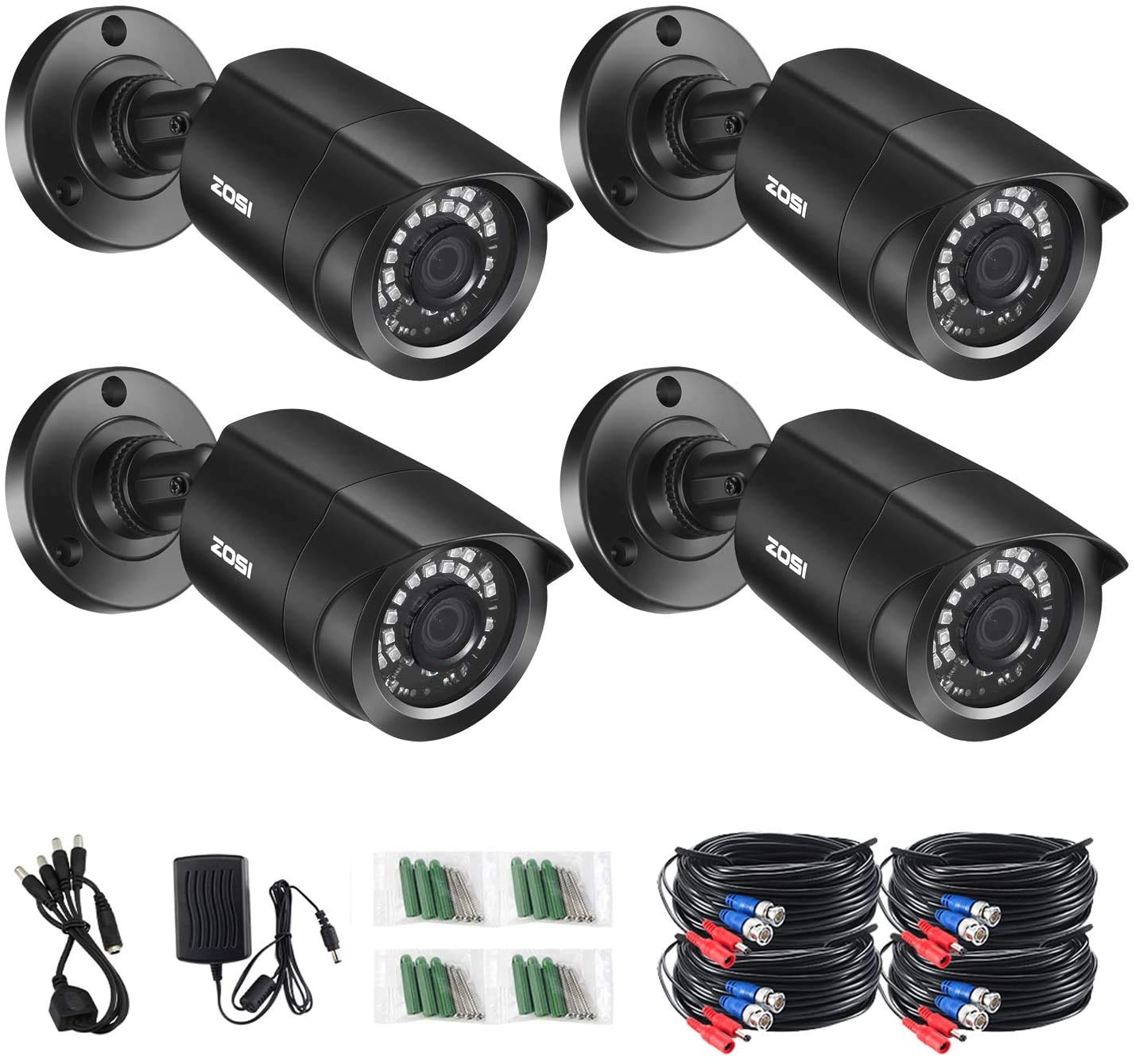 ZOSI 4 Pack 1080P 2.0MP Outdoor Indoor 3.6mm 24PCS Infrared IR Lens Day Night CCTV IR Cut Surveillance Security Camera Compatible for TVI DVR (Renewed)