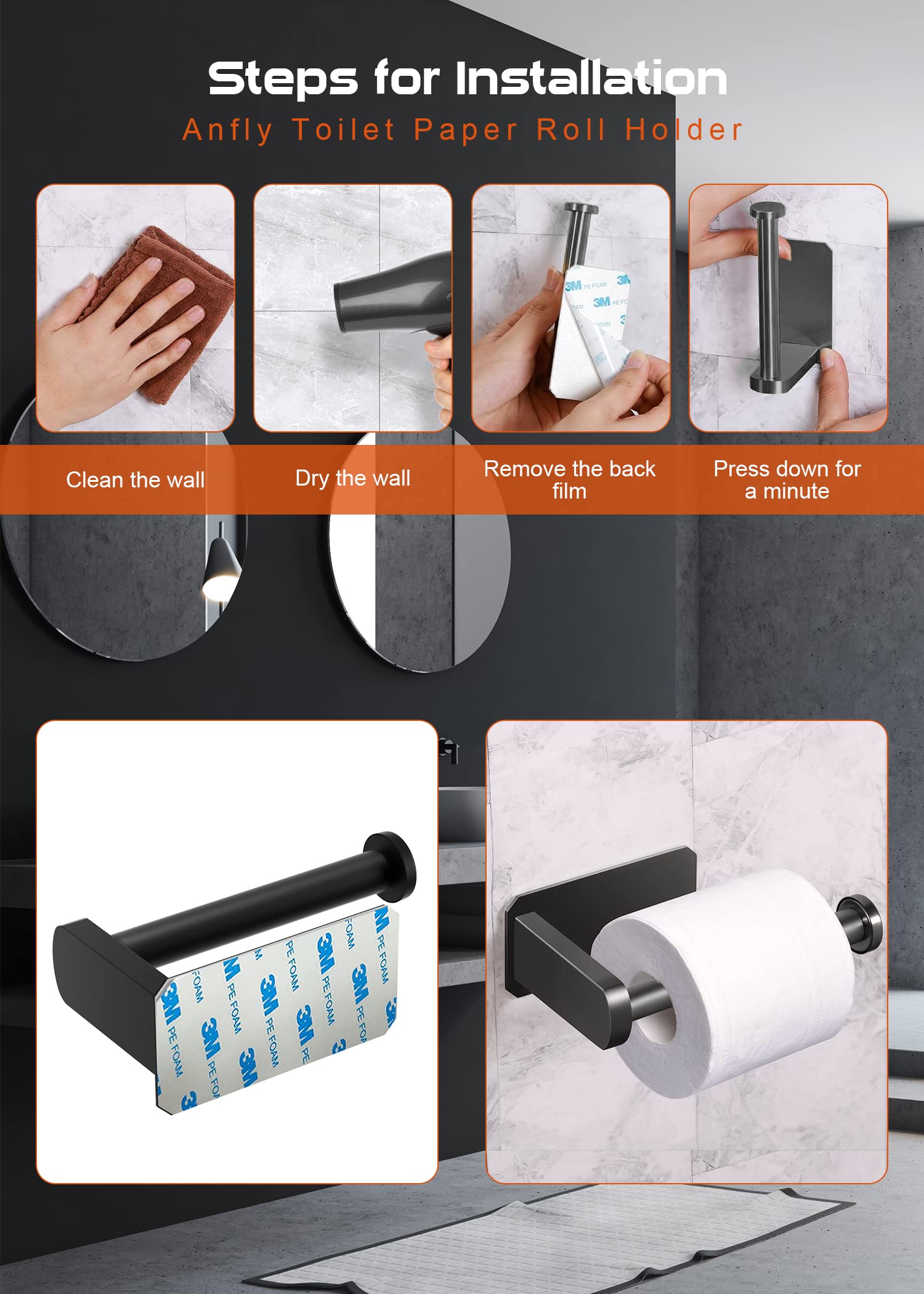 Anfly RV Camper Self Adhesive Toilet Paper Holder with 2 Hanging Hooks for Campers, Bathroom, Kitchen and Bedroom,No Drill/Stick On Toilet Paper Holder Wall Mount, Black