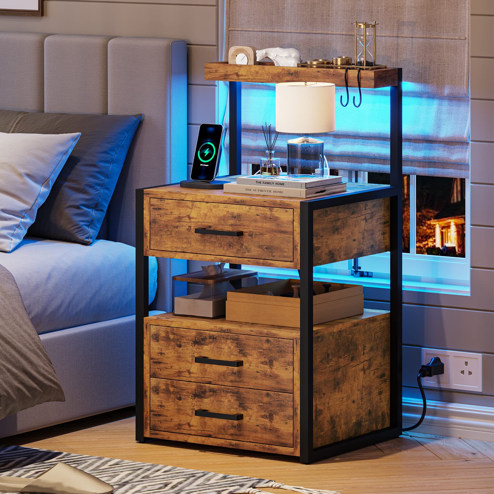AOGLLATI Nightstand Set of 2 with Charging Station and LED Lights, Bedside Table with 3 Drawers and Open Storage Shelves, 2 USB Ports and 2 AC Outlets, LED Night Stand for Bedroom, Rustic Brown