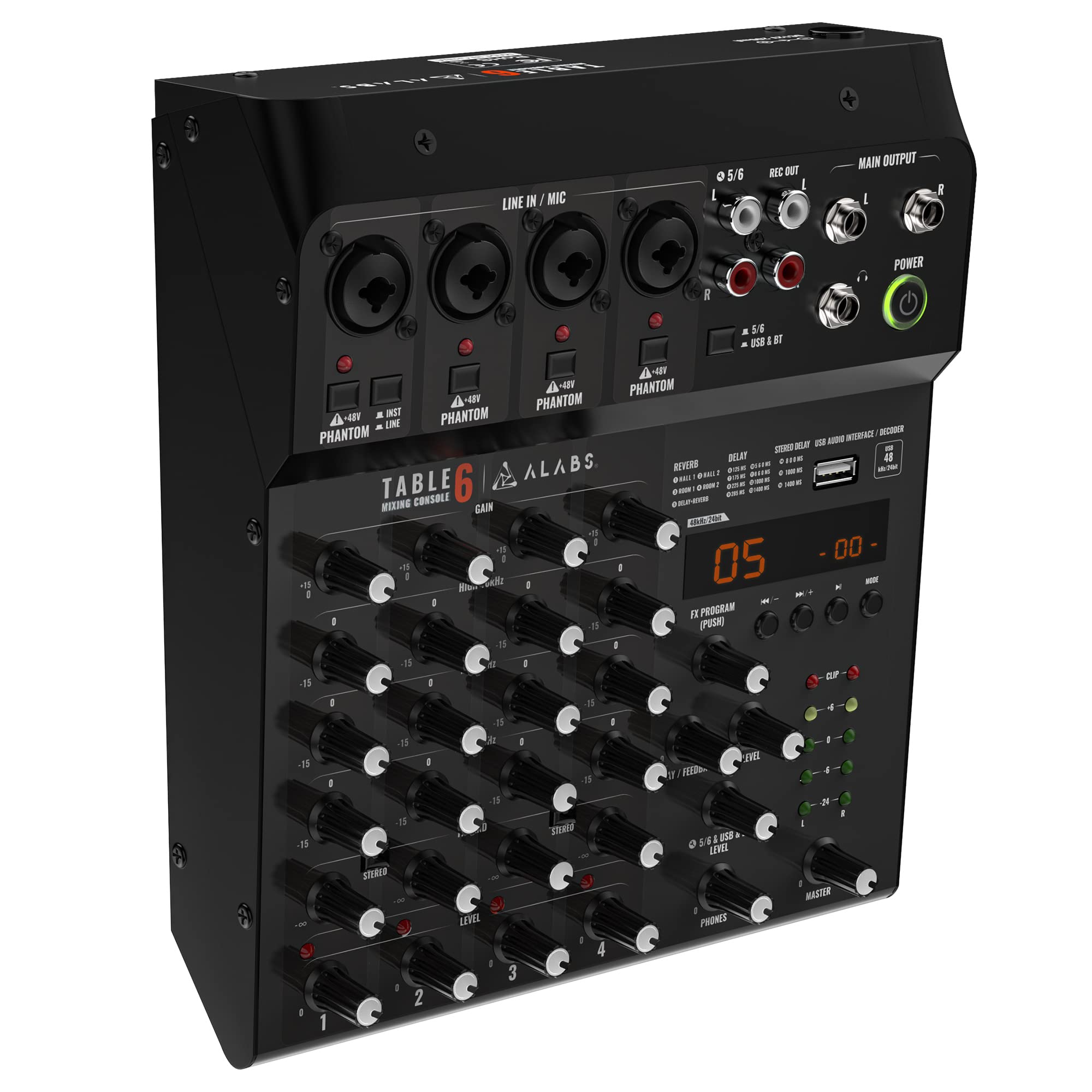 6 Channel Audio Mixer, ALABS DJ Mixer Sound Board for PC, Karoake Mixer Amplifier Mixer Audio, Podcast Mixer, XLR Interface Mixing Console,OP-AMP/Mic Preamps/Phantom/3-band EQ/16 DSP ,TABLE6
