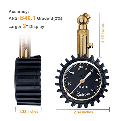 AstroAI Tire Pressure Gauge 60 PSI, Large 2" Easy Read Glow Dial Tire Gauge, Certified ANSI B40.1 Accurate, Compatabile for Bicycle, Car, SUV, Truck & Motorcycle