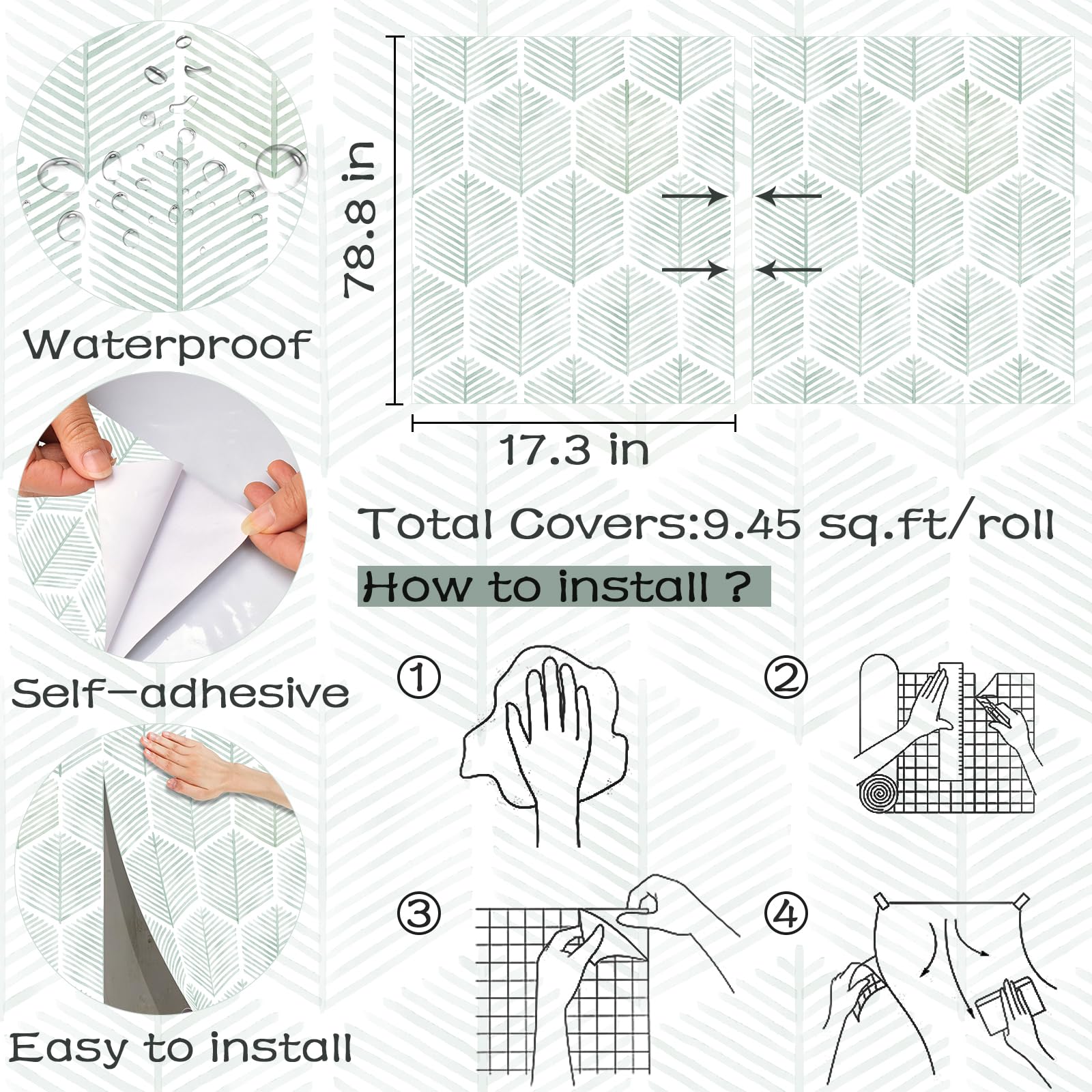 Modern Peel and Stick Wallpaper 17.3''×78.8'' Geometric Wallpaper Boho Contact Paper Green and White Self-Adhesive Wallpaper Removable Decorative Wallpaper for Bedroom Bathroom Cabinets Decor Vinyl
