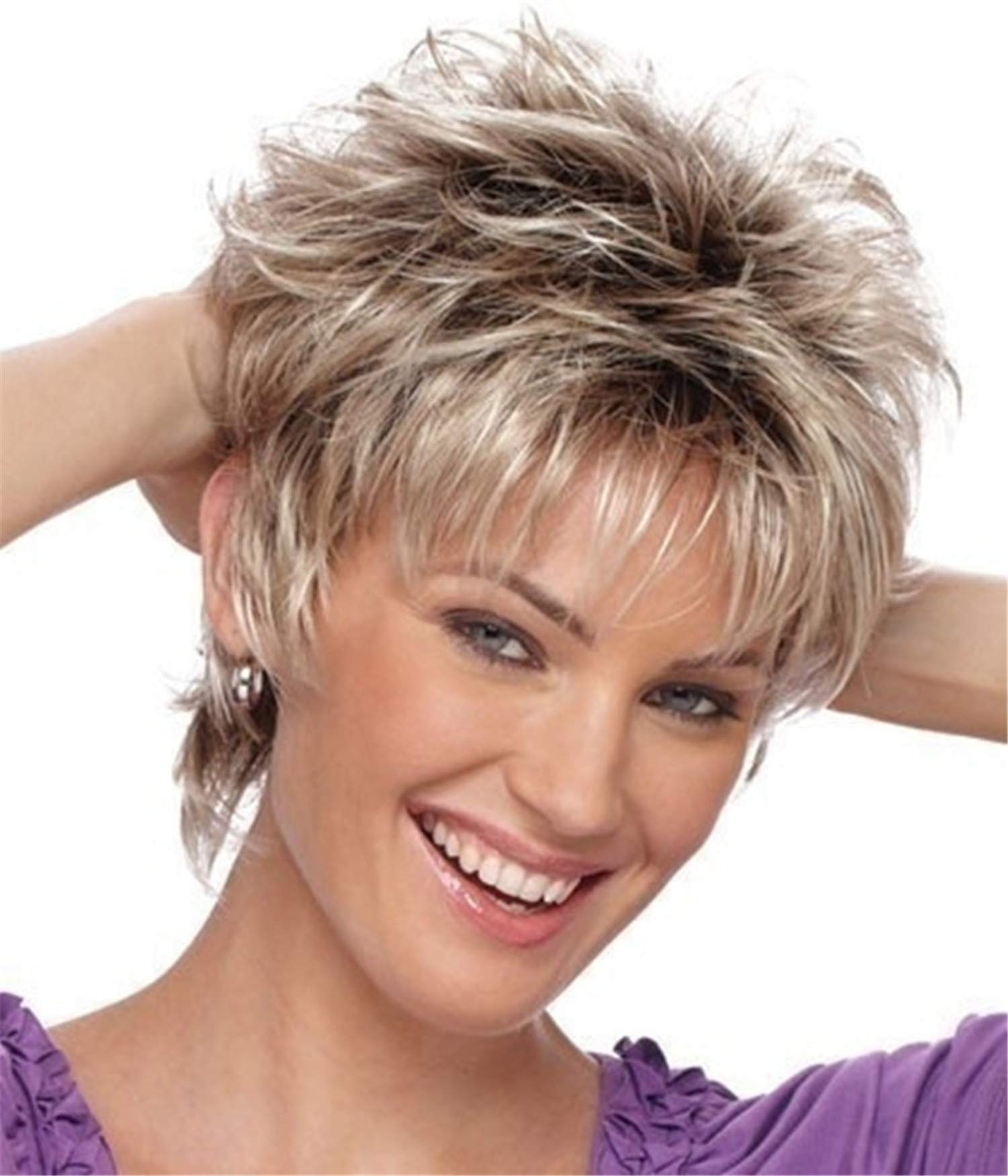 Short Fluffy Wigs Heat Resistant Synthetic Fiber Hair Extension Replacement Wig Pixie Cut Human Hair Mixed Hair Wig (Gray Gold,One Size)