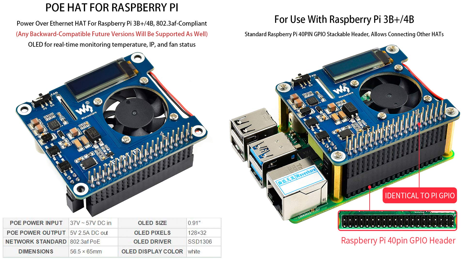 POE HAT (B) for Raspberry Pi 4B/3B+,Power Over Ethernet HAT with 0.91" OLED,Support 802.3af PoE Network,802.3af Power-Sourcing Equipment Required