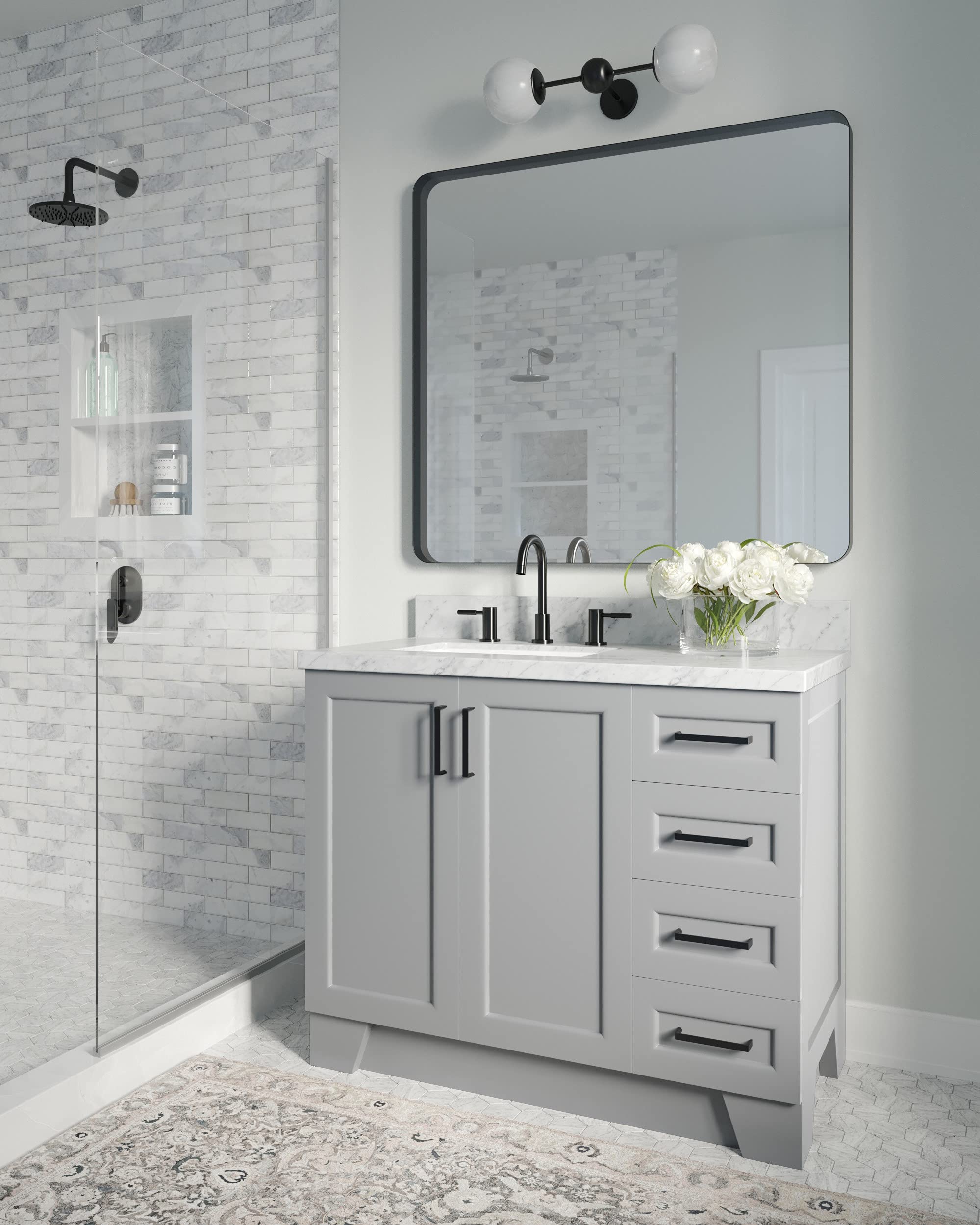 ARIEL 43" Grey Bathroom Vanity with 1.5" Edge Italian Carrara Marble Countertop & Backsplash, Left Oval Sink, 2 Soft Closing Doors, 5 Full Extension Dovetail Drawers, Toe Kick, Matte Black