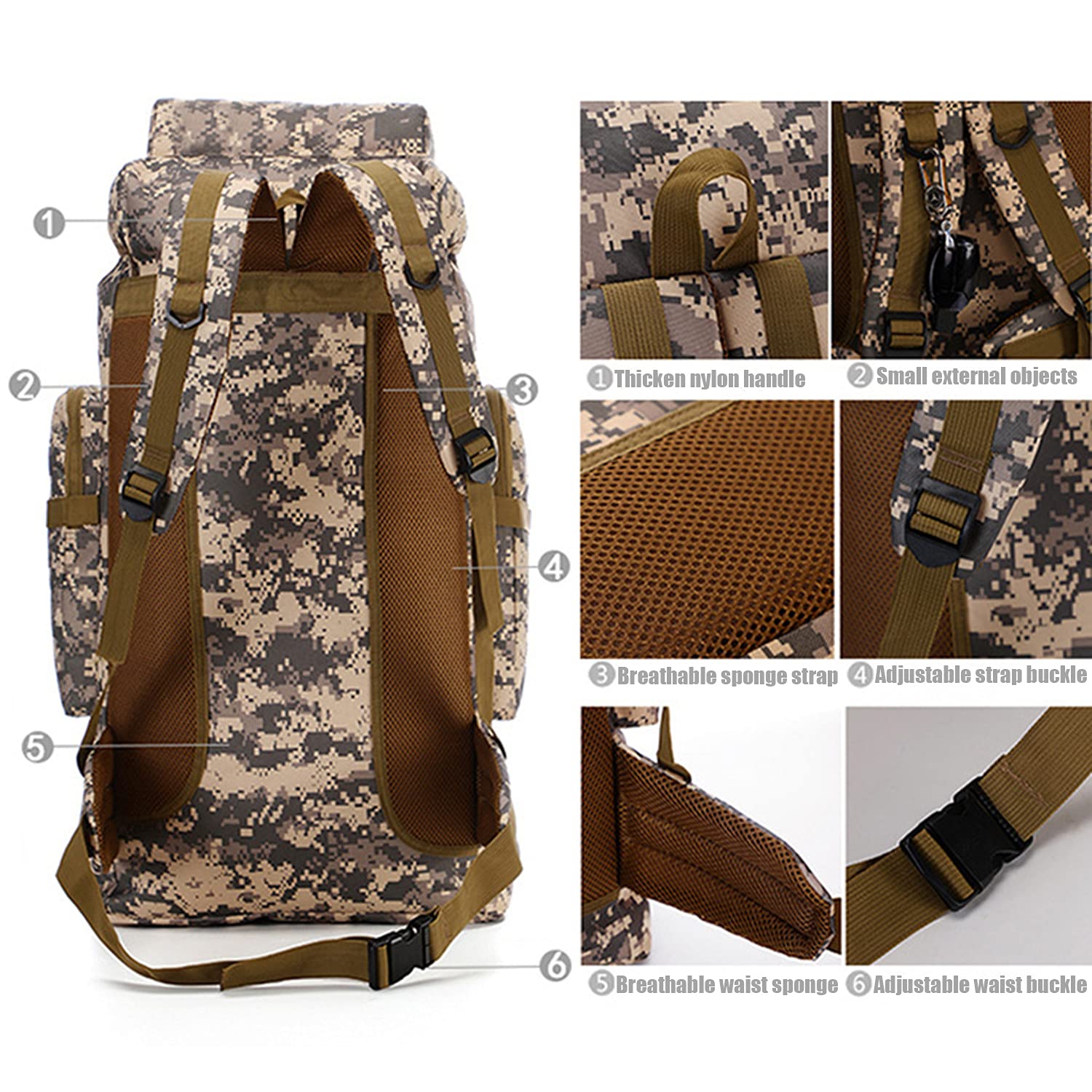 70L Waterproof Hiking Daypack Large Hiking Backpack, Hunting Camping Rucksack Backpack for Men Outdoor Sports Backpack (Plateau camouflage-5)