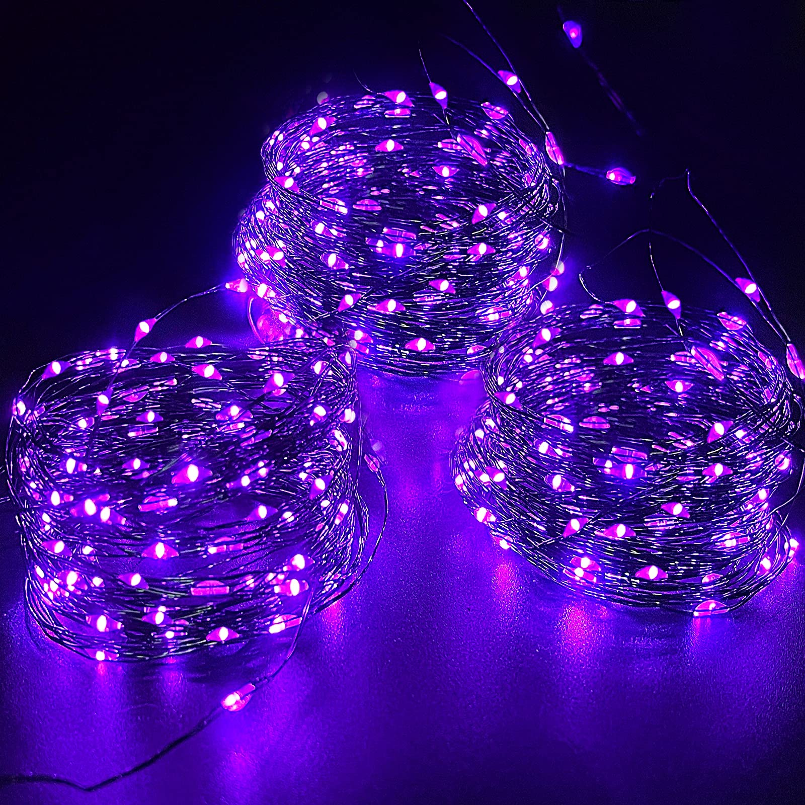 3 Set Halloween String Lights with Timer, Purple Battery Powered Copper Wire Fairy Lights, Halloween Decoration Outside Yard Party Home Indoor Outdoor, 33 Ft 100 LED Each