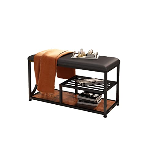 ALISENED Shoe Rack Bench for Entryway with Padded Seat,Industrial Entry Bench with Shoe Storage Shelf for Small Spaces,3-Tier Small Rustic Shoe Rack,Padded Storage Bench,Metal Frame,Space Saving