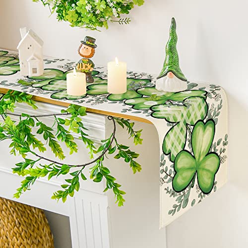 Artoid Mode Clover Shamrocks Eucalyptus Buffalo Plaid St.Patrick's Day Table Runner, Seasonal Kitchen Dining Table Runner for Home Party Decor 13x72 Inch