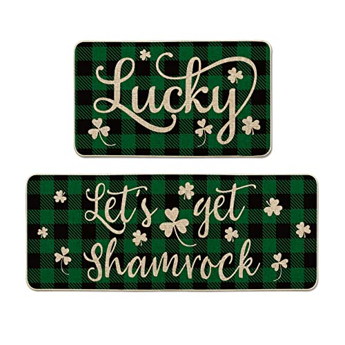 Artoid Mode Green Buffalo Plaid Let's Get Shamrock Lucky Clover Kitchen Mats Set of 2, Seasonal St. Patrick's Day Anniversary Holiday Decorations for Home Kitchen - 17 x 29 Inch and 17x47 Inch
