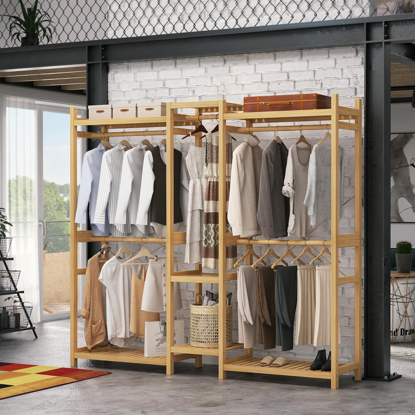Homykic Bamboo Closet System Clothes Rack, Large Freestanding Garment Rack Clothing Rack for Hanging Clothes with 7 Storage Shelves and 5 Rods, Open Wardrobe Organizer with 4 Hooks, Natural