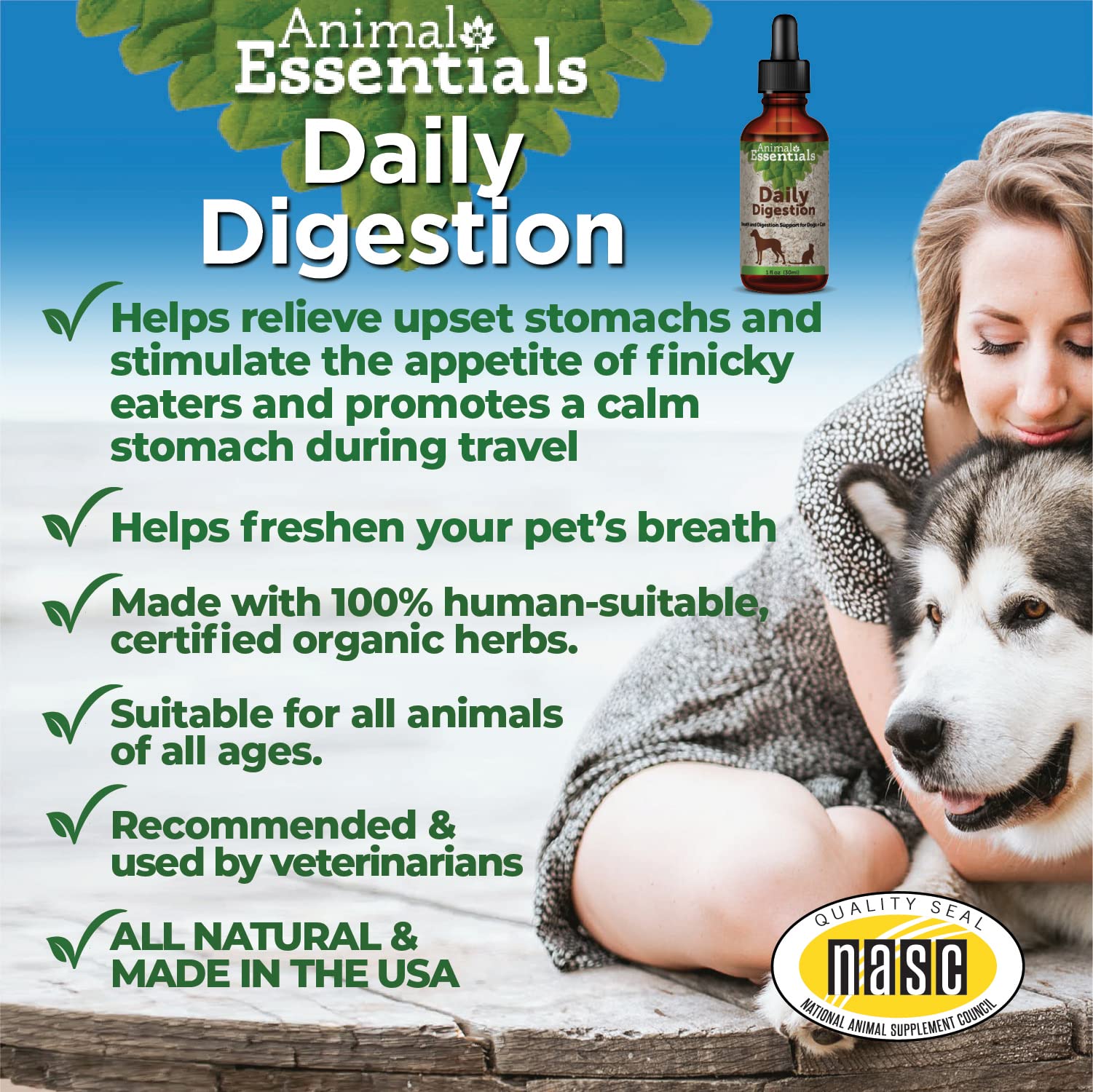 Animal Essentials Daily Digestion for Dogs & Cats - Digestive Support, Fresh Breath, Ginger Root, Fennel Seed Extract, Liquid Supplement - 2 Fl Oz