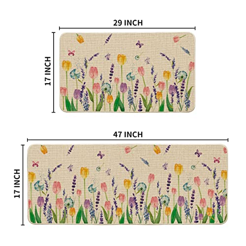Artoid Mode Lavender Tulip Spring Kitchen Mats Set of 2, Seasonal Flower Summer Home Decor Low-Profile Kitchen Rugs for Floor - 17x29 and 17x47 Inch