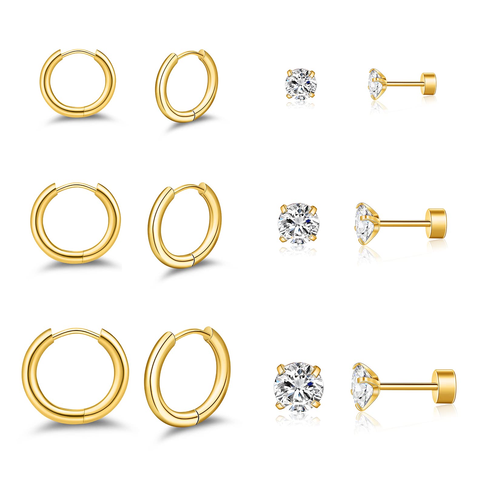 6 Pairs 18K Gold Plated Earring Sets for Multiple Piercing, Small Huggie Hoop Earrings, Flat Back Tiny Ball CZ Stud Earrings for Women Girls