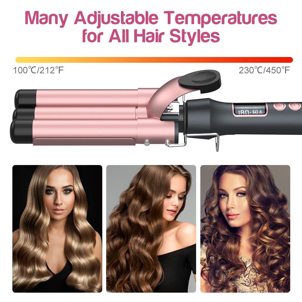 3 Barrel Curling Iron Wand 25mm Hair Waver Crimper Hair Iron with LCD Display, Ceramic Tourmaline Triple Barrels Temperature Adjustable, Dual Voltage (Rose Gold)