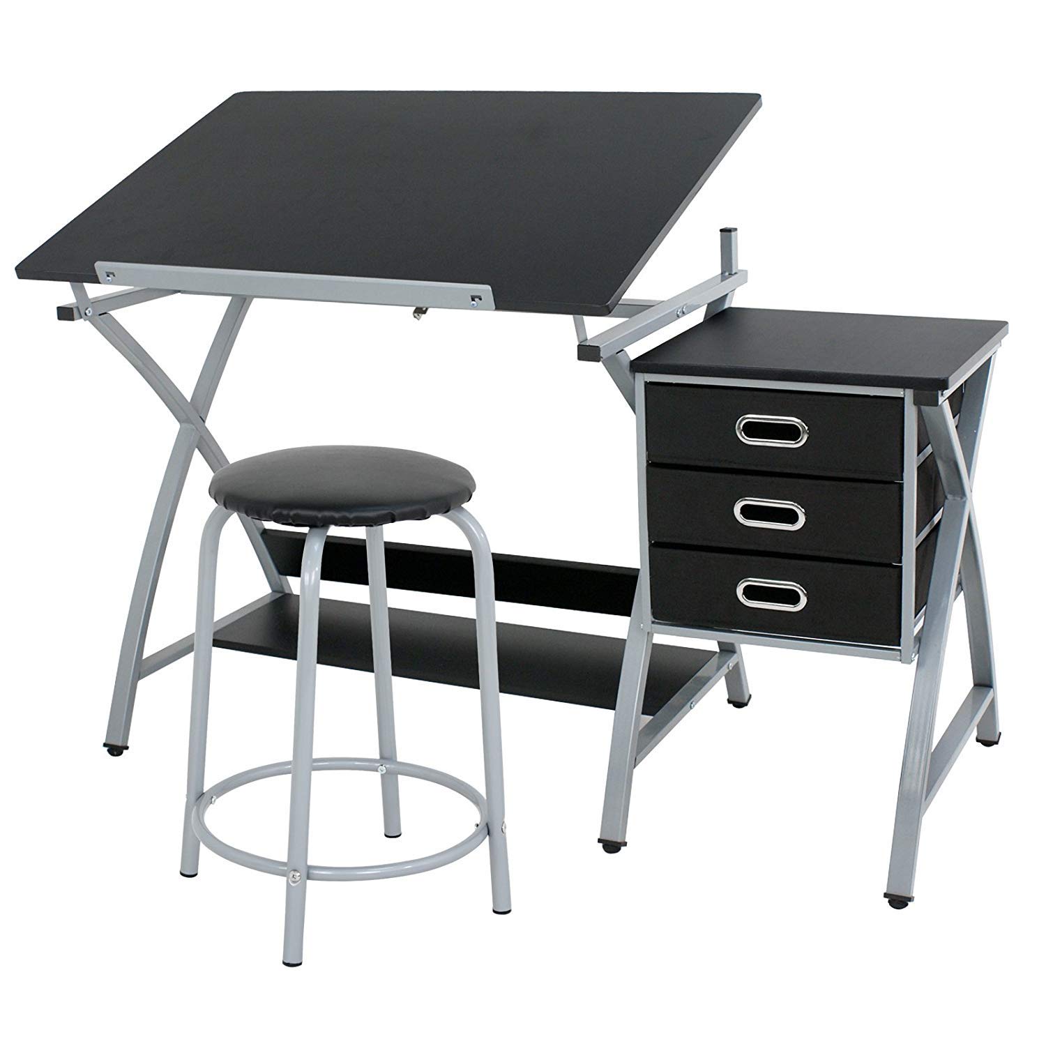 BBBuy Drafting Table Drawing Desk Art Craft Adjustable Tabletop Craft Table w/ 3 Slide Drawers and Stool Set Art Design Workstation for Writing, Painting, Sketching for Home Office, Black