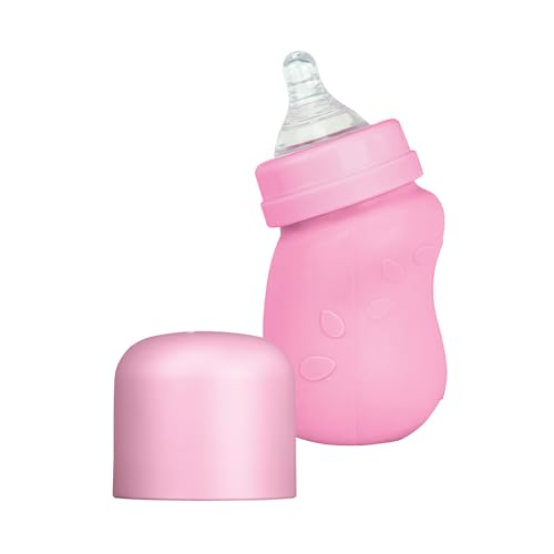 green sprouts Ware Baby Bottle Made from Plants and Glass, Angled Neck + Vented Nipple Prevent Colic, Made Without Petroleum-Plastic, BPA, BPS, BPF, Pink, 5 Oz
