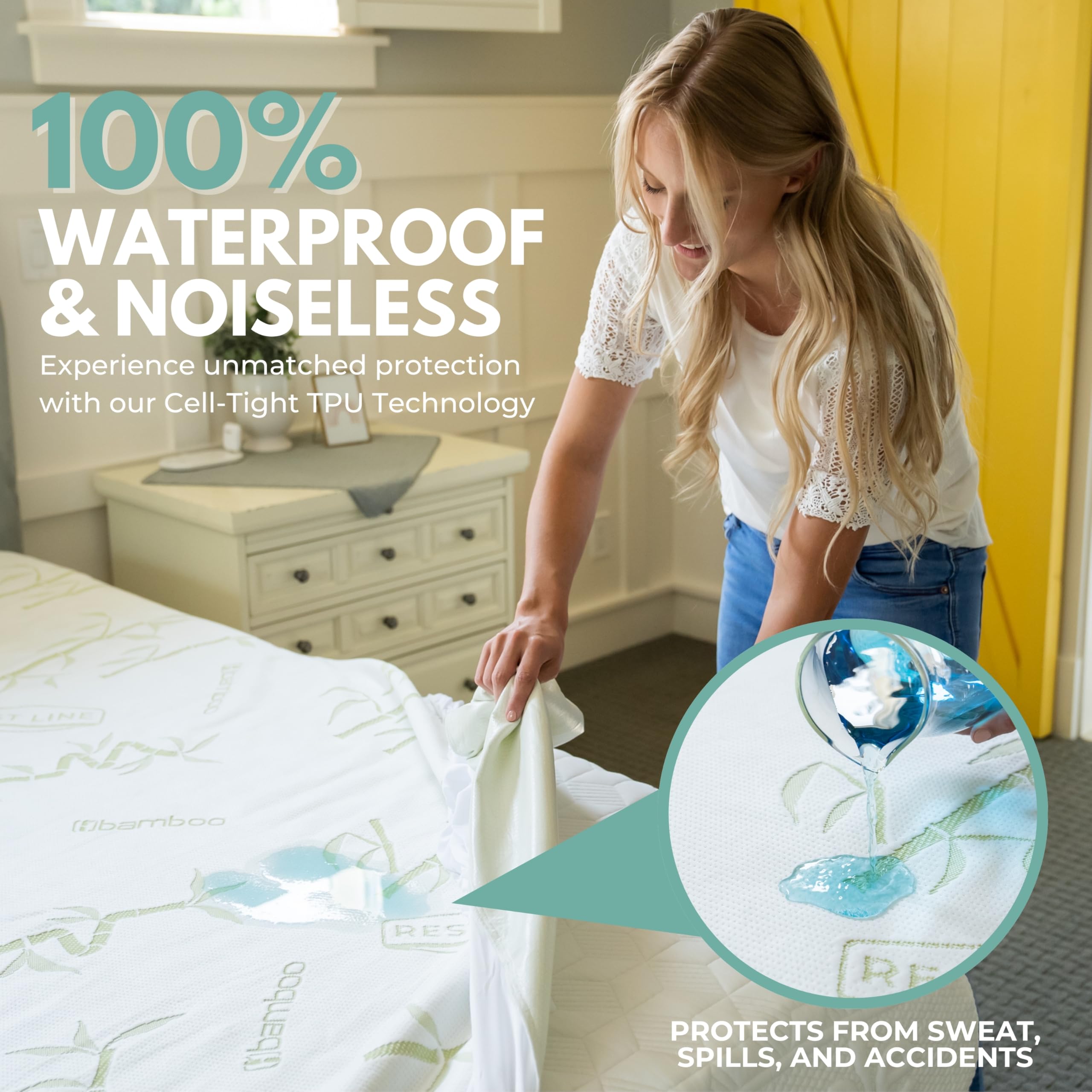 Twin Size | Waterproof Mattress Protector | Hypoallergenic, Cooling Mattress Pad Cover, Fitted Sheet Style up to 18" Deep | 100% Bamboo Viscose | by Rest Line Premium Bedding
