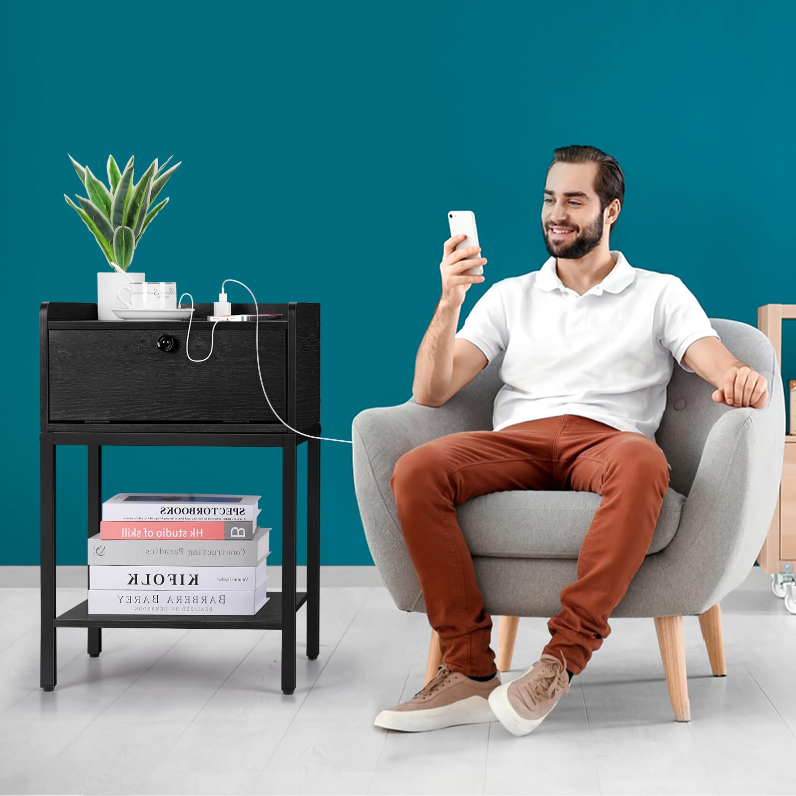 Night Stand with Charging Station, End Tables Living Room, Bed Side Table with Drawers, End Table with Storage, Small Side Table for Small Spaces, Night Table for Bedroom, Skinny Side Table for Couch