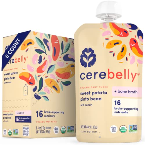 Cerebelly Organic Sweet Potato Pinto Bean & Chicken Bone Broth Puree | 6+ Months Baby Food Pouches | Non-GMO, Tested for Heavy Metals | Protein, Healthy Fats, 16 Nutrients | 4 Oz Pouch (6 Pack)