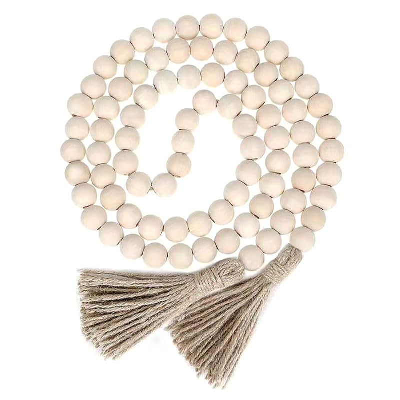 58 in Wood Bead Garland with Tassels, Farmhouse Beads Rustic Wooden Prayer Beads Boho Beads for Style Mirrors, Vases, Sideboards, Coffee Tables Decor (Nature)