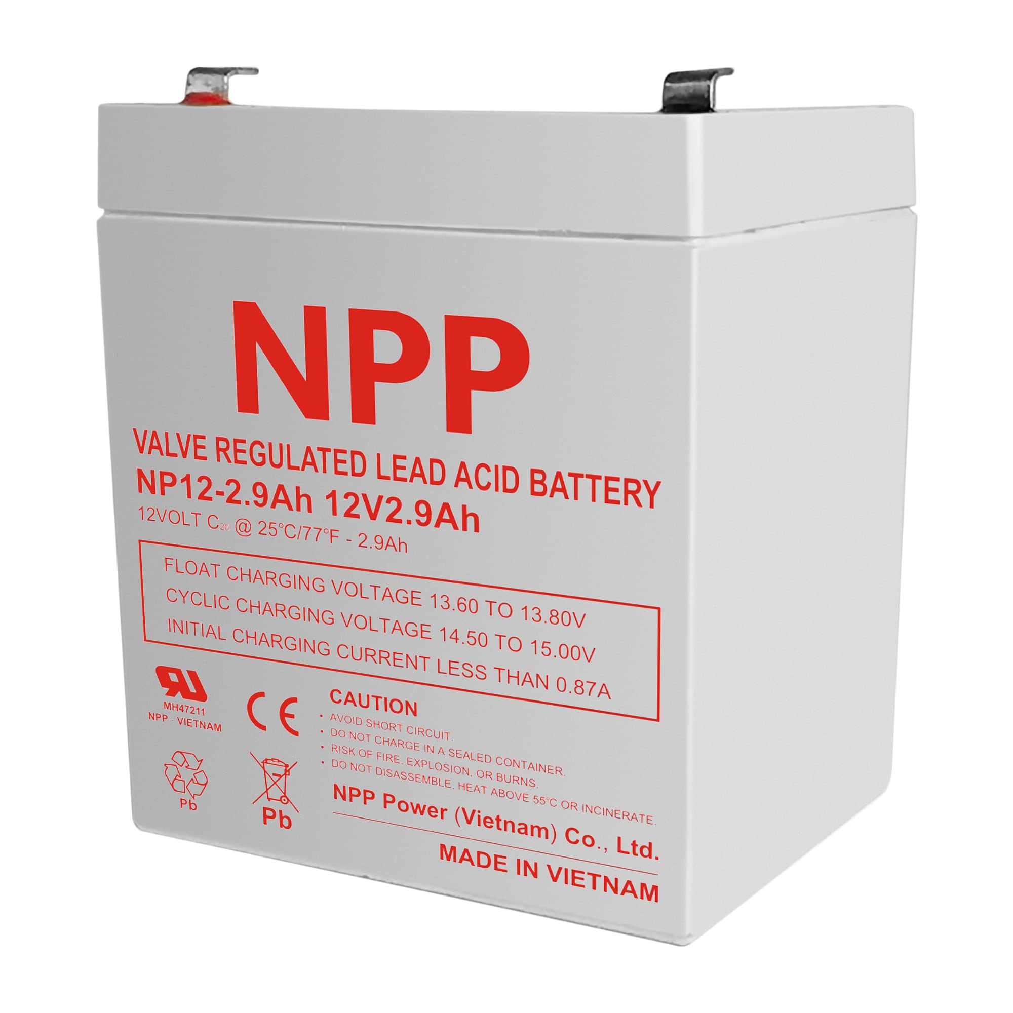 NPP 12V 2.9Ah Rechargeable AGM SLA Battery with F1 Terminals, for UPS, Emergency Light, Alarm Security System