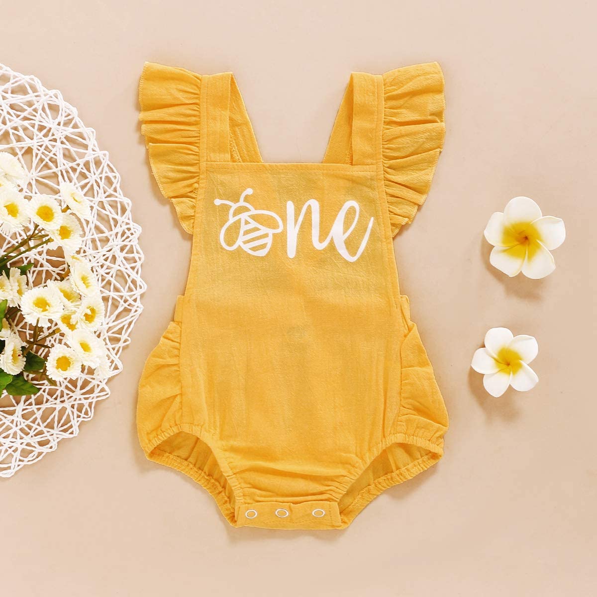 GRNSHTS Baby Girls First Birthday Outfits Ruffle Honey Bee Romper Backless Bodysuit Cake Smash Outfits (Yellow, 12-18 Months)