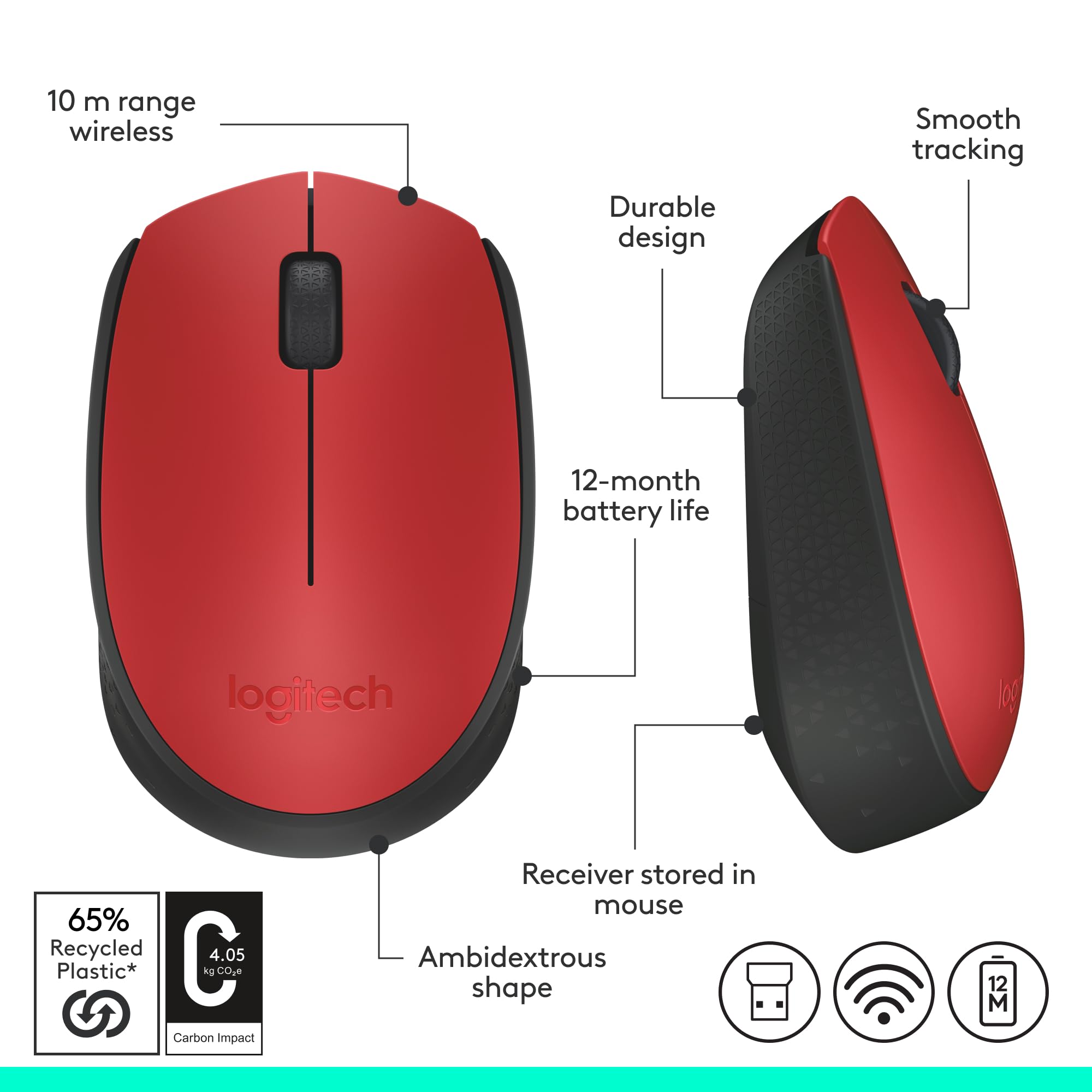 Logitech M170 Wireless Mouse for PC, Mac, Laptop, 2.4 GHz with USB Mini Receiver, Optical Tracking, 12-Months Battery Life, Ambidextrous - Red