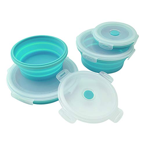 Cvwjz Silicone Collapsible Food Storage Containers,Set of 4 Round Folding Silicone Lunch Box,Microwave and Freezer Safe (Blue)