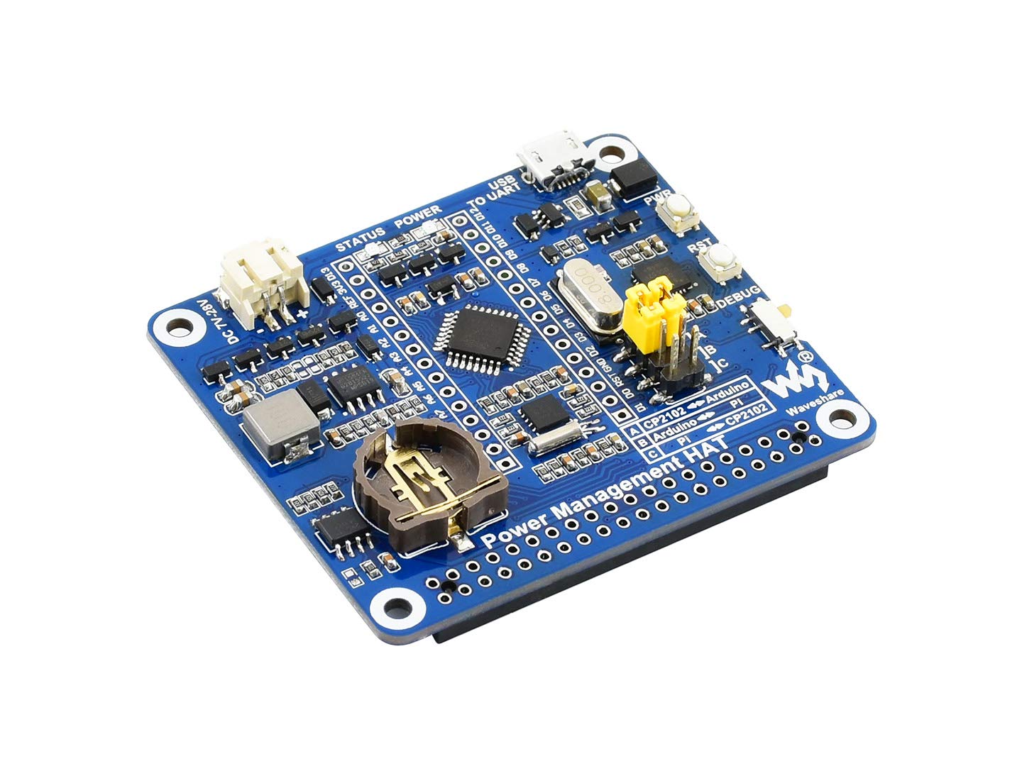 Waveshare Power Management HAT for Raspberry Pi with Embedded MCU and RTC Allows The Pi to Work More Power-efficient and More Safely.