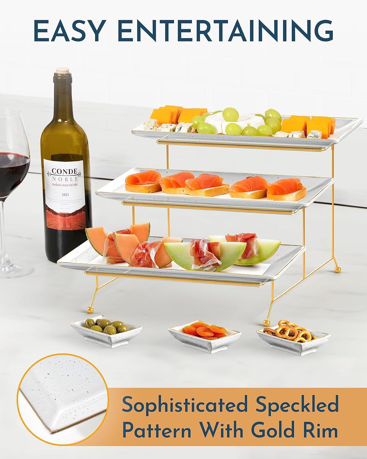 3 Tier Gold Serving Tray Stand with Dipping Bowls - Dessert and Fruit Platter for Hosting, Parties, Celebrations - Swiveling Collapsable Stackable