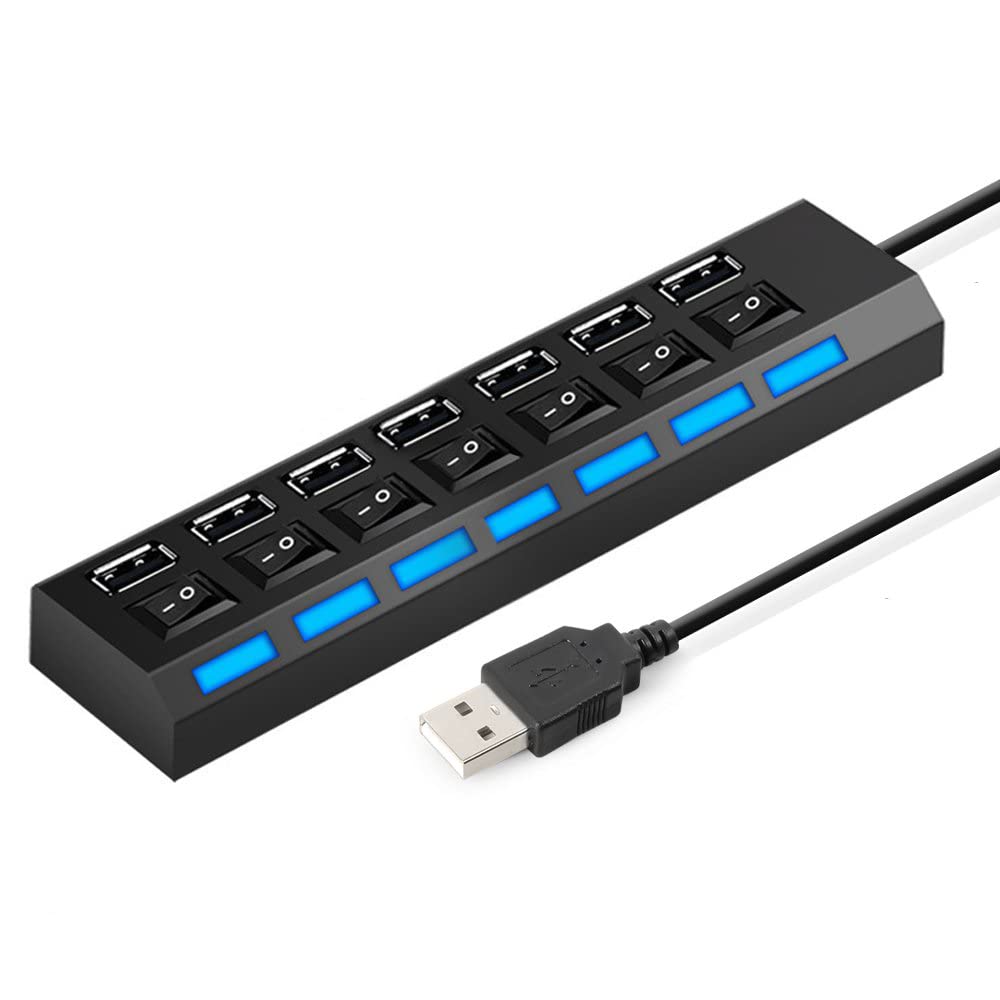AGKRUNN 7 Port USB 2.0 Hub,Multi Port USB Splitteruter,Multi-Function Seven-Port Hub One-to-Seven Splitter Converter with Individual Switches Indicator