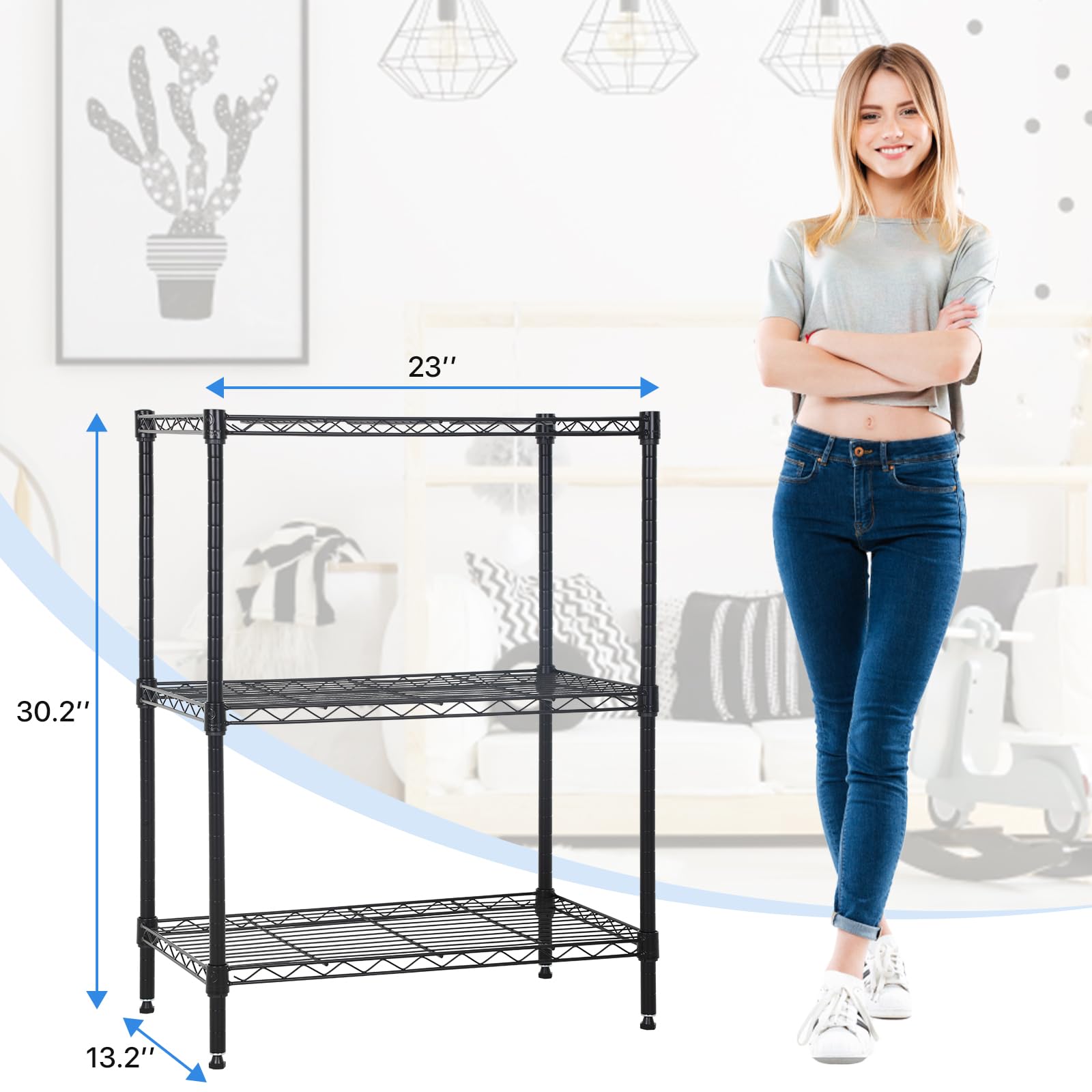 3 Tier Steel Wire Shelving,Adjustable Utility Metal Shelves for Storage,Storage Shelves Heavy Duty with Leveling Feet for Kitchen,Garage,Pantry,Clothset,100ps Per Shelf,Black,(23 x 13.2 x 30.2 inches)