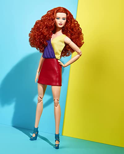 Barbie Looks Doll with Curly Red Hair Dressed in Color Block Top and Glossy Pleather Skirt, Posable Made to Move Body