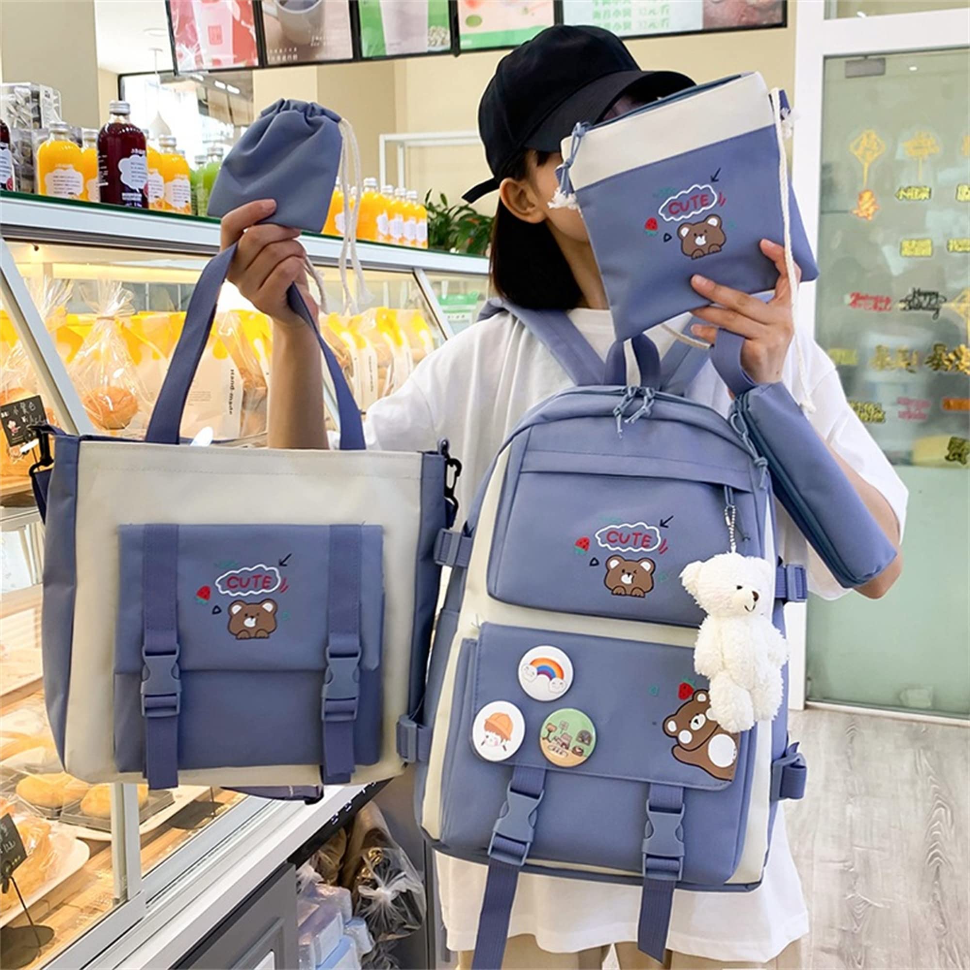 5Pcs Accessories Backpack with Pin & Set Cute Backpack Kawaii Backpack School Bags for Teen Girl